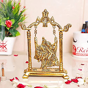 Handy's Stores Radha Krishna on Swing jhula Metal Statue Gold Plated Decor Your Home,Office & Radha Krishna Murti,Showpiece Figurines,Religious Idol Gift Article. (Size 17 x 7 x 20 cm :: 270 Grams)