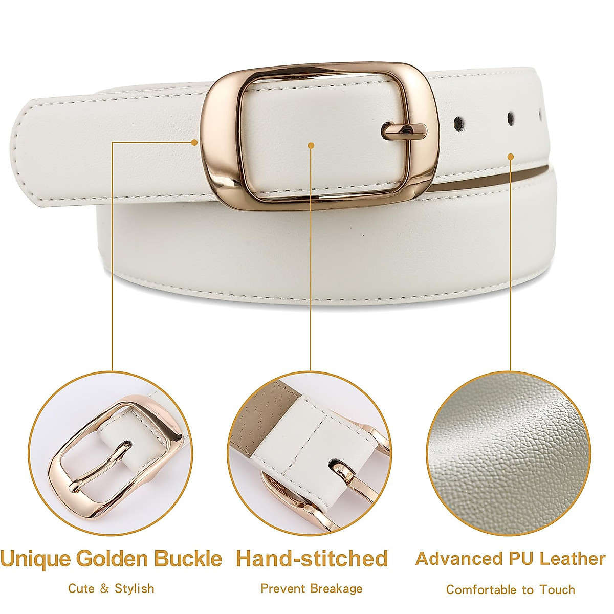 RISANTRY Womens White Belts with Gold Buckle, White Leather Belts for Women Dressy, Ladies White Fashion Waist Belt for Pants