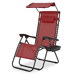 Magshion Zero Gravity Lounge Chair with Canopy, Outdoor Foldable Patio Reclining Chair with Side Tray, Adjustable Anti-Gravity Recliner with Headrest, Folding Lounger for Lawn Camping Beach, Maroon