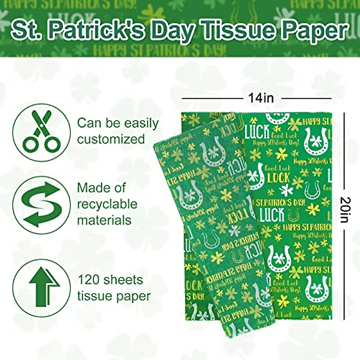 Whaline 120 Sheet St. Patrick's Day Tissue Paper Shamrock Wrapping Paper Lucky Clover Gift Wrapping Paper Irish Holiday Art Paper for Home DIY Gift Bags Party Favor Decor, 14 x 20 Inch