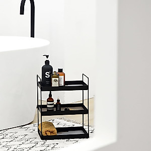 Elsjoy 3-Tier Countertop Shelf Organizer, Bathroom Vanity Tray Black Counter Storage Shelf, Metal Organizer Rack for Cosmetic, Makeup, Toiletries