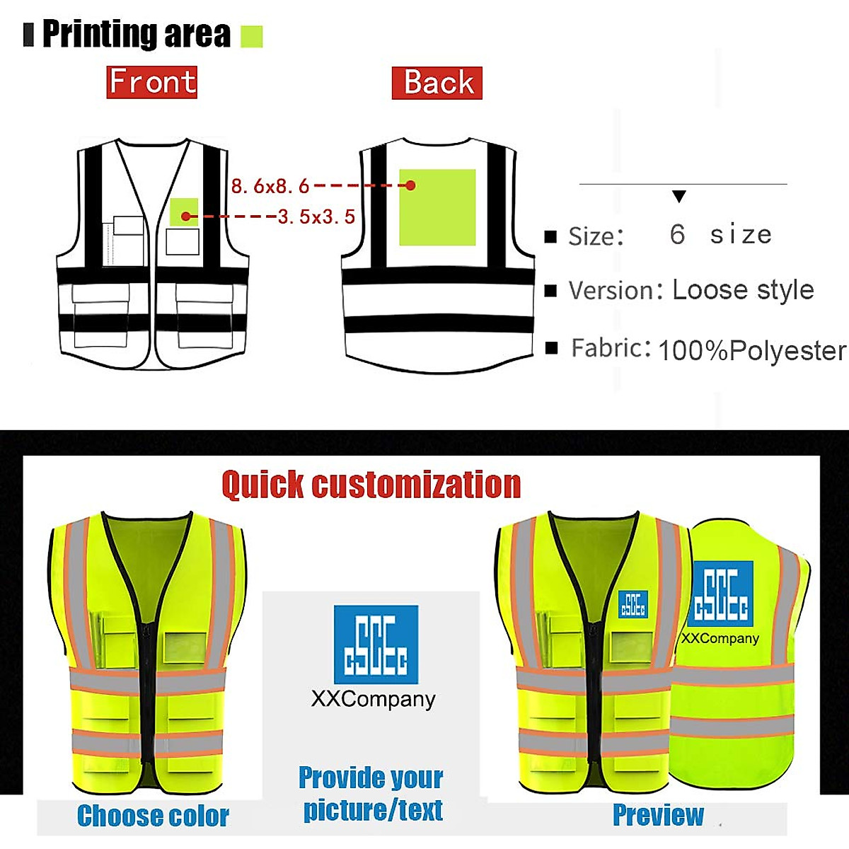YOWESHOP High Reflective Visibility Safety Vest Custom Your Logo Safety Workwear with Reflective Strips and Front Zipper(Black-Green Webbing M)