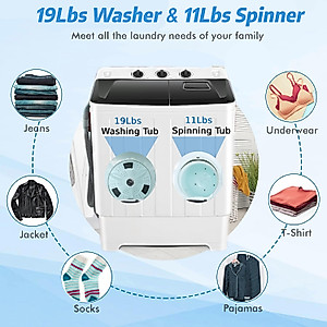 Nictemaw Portable Washing Machine Twin Tub 30Lbs Washer and Spin Dryer Combo, Compact Laundry Washer (19Lbs) and Spinner (11Lbs) with Built-in Drain Pump for Apartment,RV,Dorms, Black+White