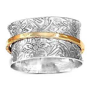 Boho-Magic 925 Sterling Silver Spinner Ring for Women with Brass Fidget Ring Flowers Band (10)