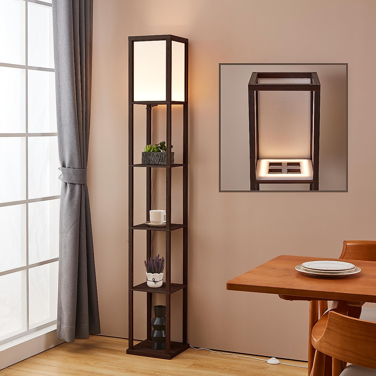 ATAMIN Alvin - 72" Dimmable LED Floor Lamp with Shelves, 3-Way Switching LED Shelf Floor Lamp, Modern LED Standing Lamp for Living Room and Bedroom, Brown