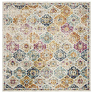 SAFAVIEH Madison Collection 8' Square Cream/Multi MAD611B Boho Chic Floral Medallion Trellis Distressed Non-Shedding Living Room Bedroom Dining Home Office Area Rug