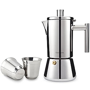Easyworkz Diego Stovetop Espresso Maker, Bundled With Stainless Steel Espresso Cup 2pcs Set Double Wall Insulated Metal Demitasse Cups