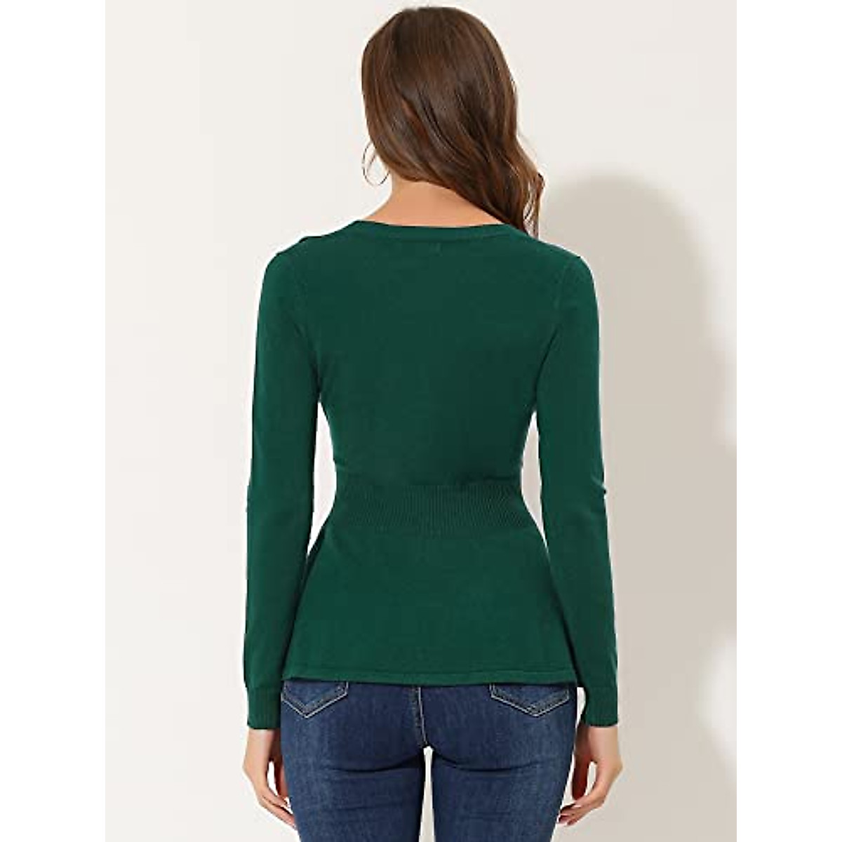 Allegra K Knit Peplum Tops for Women's Ribbed V Neck Long Sleeve Peplum Sweaters Small Dark Green
