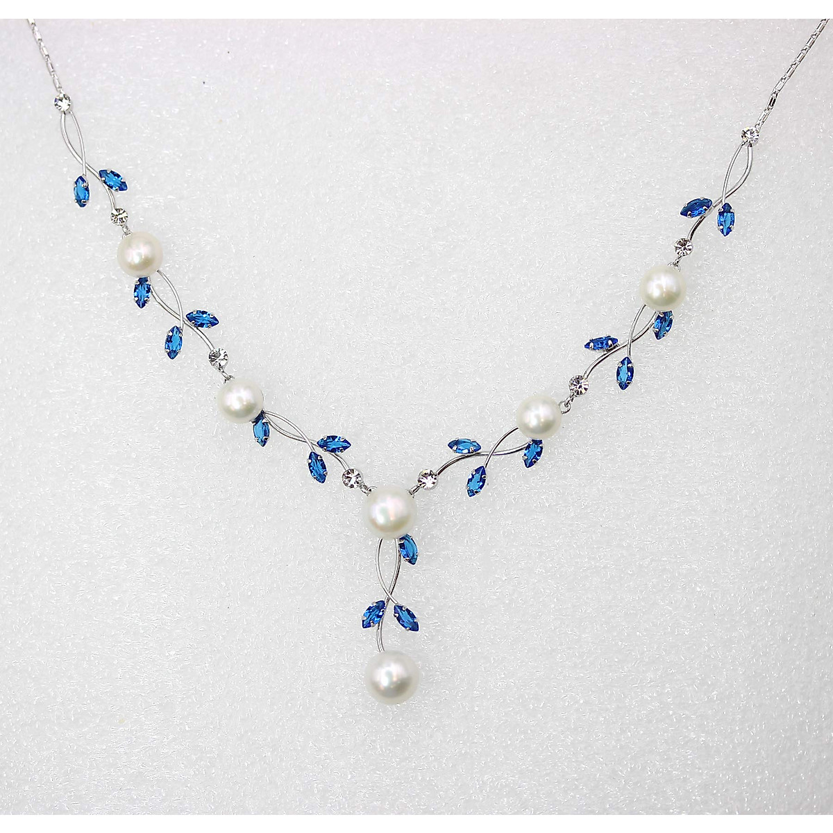 Faship Gorgeous Blue CZ Crystal Genuine Freshwater Pearls Floral Necklace Earrings Set - Blue