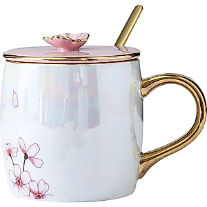 KEYIGOU 13.5oz Cherry Blossom Ceramic Mug with Lid Gold Spoon Pretty Tea Cup Coffee Mugs for Women Unique Sakura Gifts