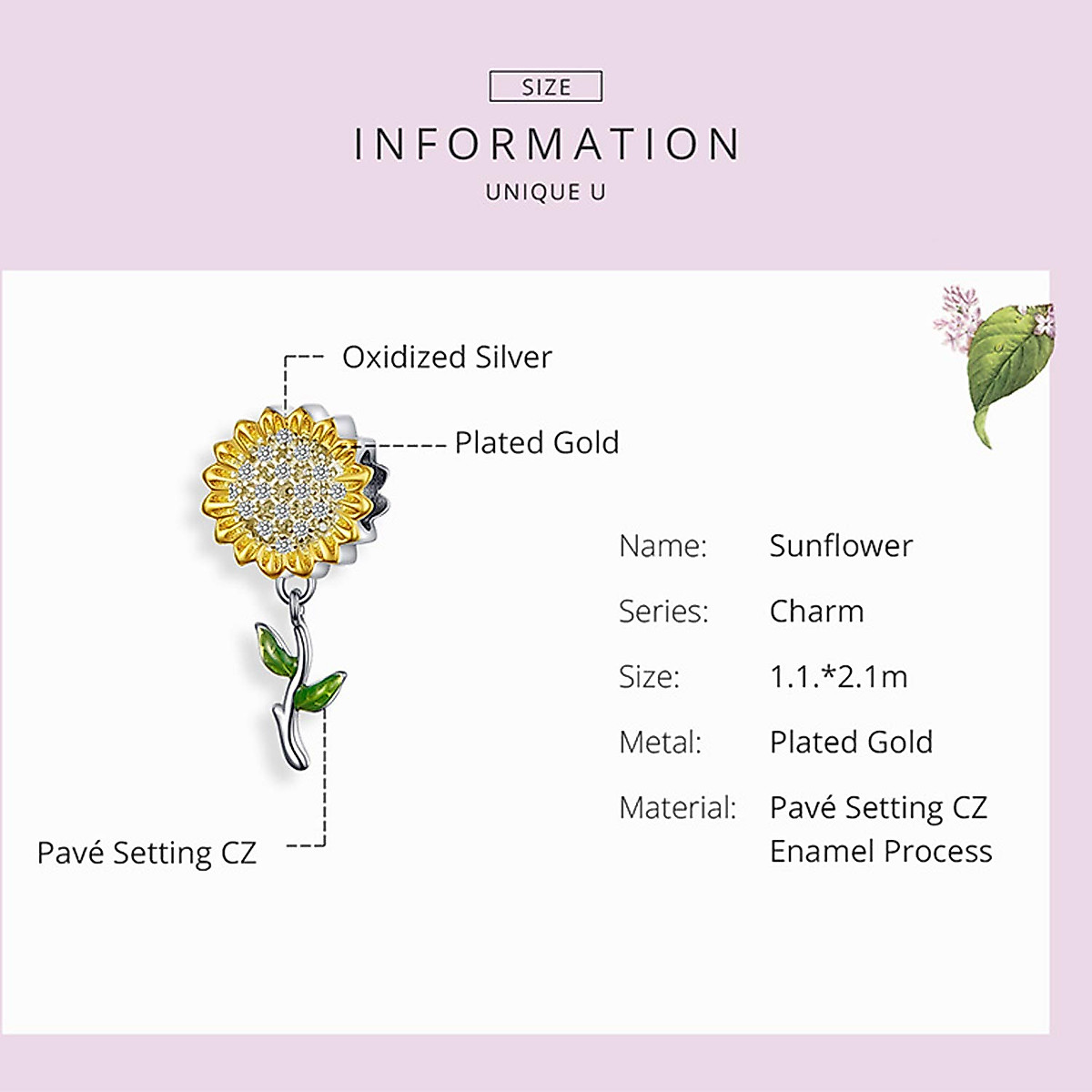 Sunflower Charm Fit Pandora Charms Bracelet and Necklace You Are My Sunshine Charm Gifts for Women Sparkling AAA Zircon Paved