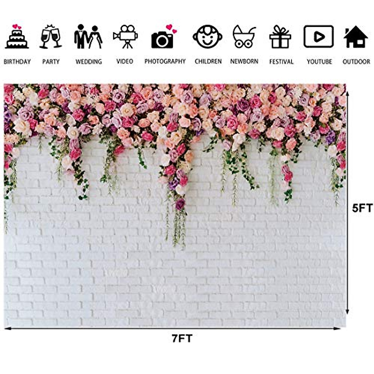 LTLYH 7x5ft White Brick Wall Flowers Backdrop Valentine's Day Theme Photography Backdrop Mother's Day Wedding Bridal Birthday Party Banner Decorations Backdrop 134
