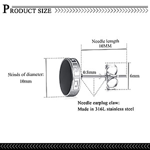 YADOCA Black Round Stud Earrings Set for Men Women 316L Surgical Stainless Steel Matte Black Ear Studs 5 Pairs 10mm