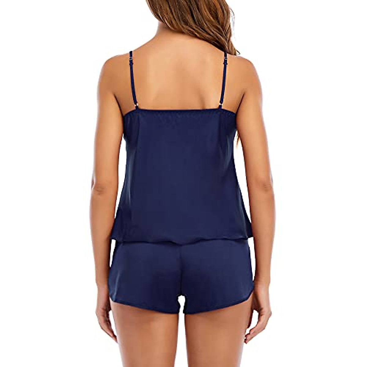 Zando Womens Plus Size Lingerie Sexy Back Pajamas Satin Lingerie Sleepwear Shorts Silk Sleepwear Sets for Women PJ Set 2 Piece Summer Pajamas Set Cami Shorts Pajama Navy Blue X-Large