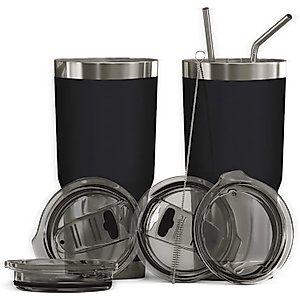 BluePeak Double Wall Vacuum Stainless Steel Insulated Tumblers Set, 2-Pack - Includes 2 Sipping Lids, 2 Spill-Proof Sliding Lids, 2 Straws, 1 Cleaning Brush & Gift Box (30 oz, Black)