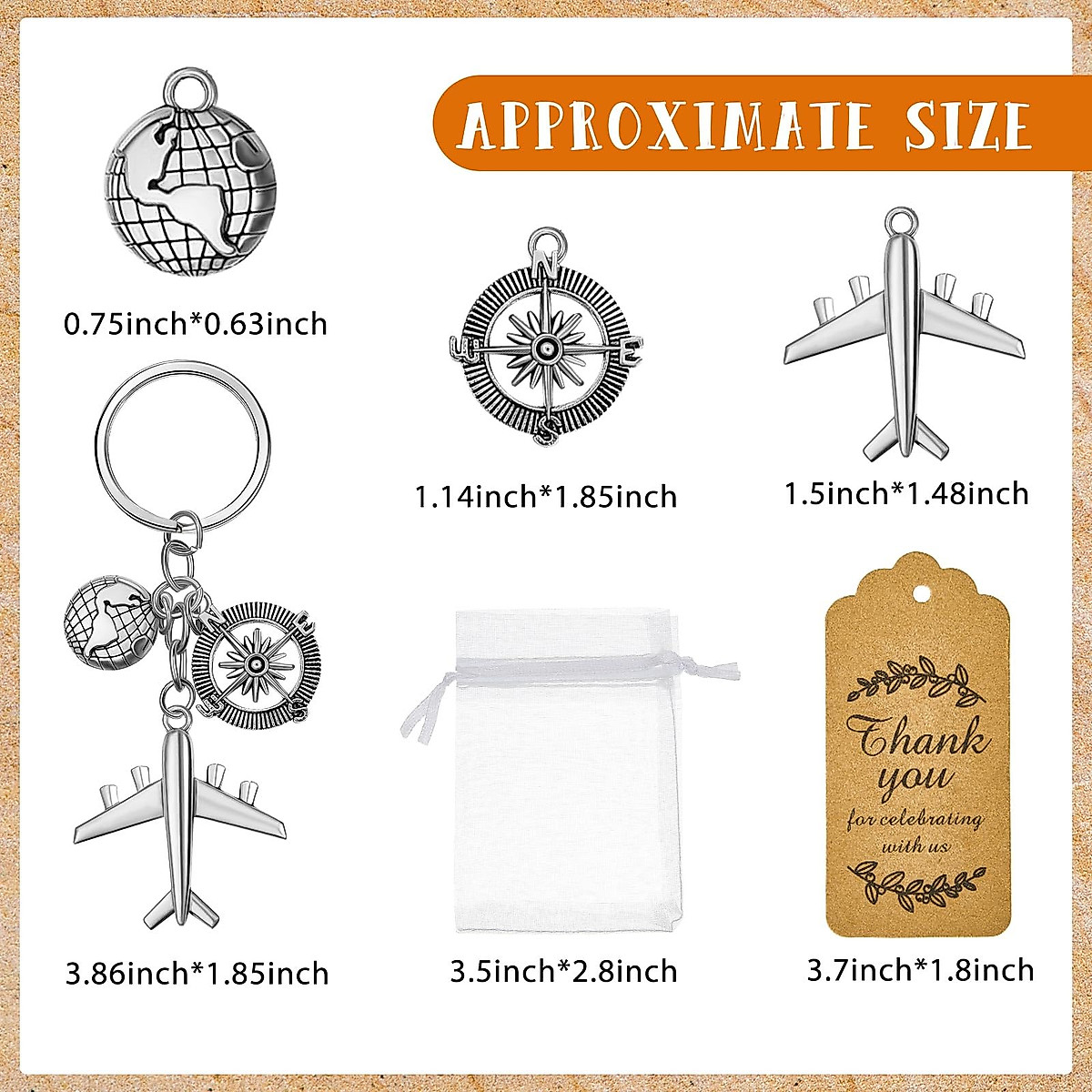 Henoyso 45 Pcs Airplane Keychain Party Favor, Including Airplane Compass Keychain with Thank You Tags, Organza Favor Bag for Party