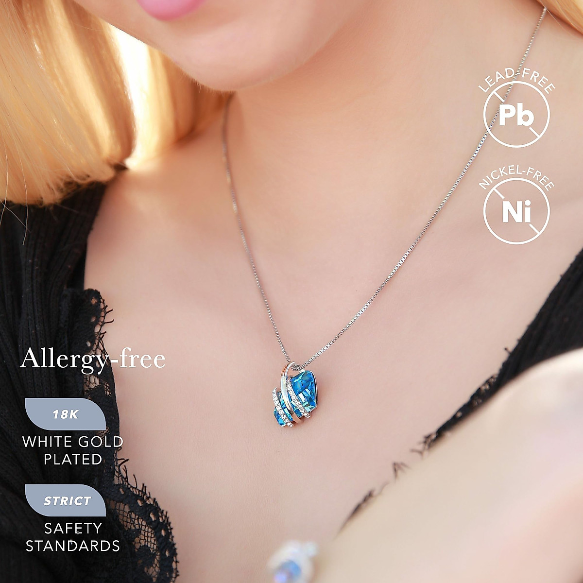 Leafael Wish Stone Pendant Necklace with Aquamarine Blue Birthstone Crystal for March and December, Silvertone, 18" + 2" Chain