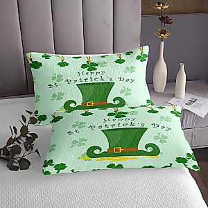 Homewish St. Patrick's Day Bedspread King Size Green Clover Leaves Print Comforter Set Spring Summer Plants Style Coverlet Set for Kids Girls Boys Room Decor Soft Lightweight Quilt Set 3pcs