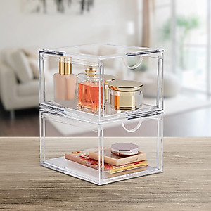 Boxalls 2 Pack Acrylic Stackable Storage Drawers Makeup Organizer, 20% Thicker Clear Bathroom Organizers for Cosmetics, Skin Care, Hair Accessories, Beauty, Vanity, Countertop and Dresser
