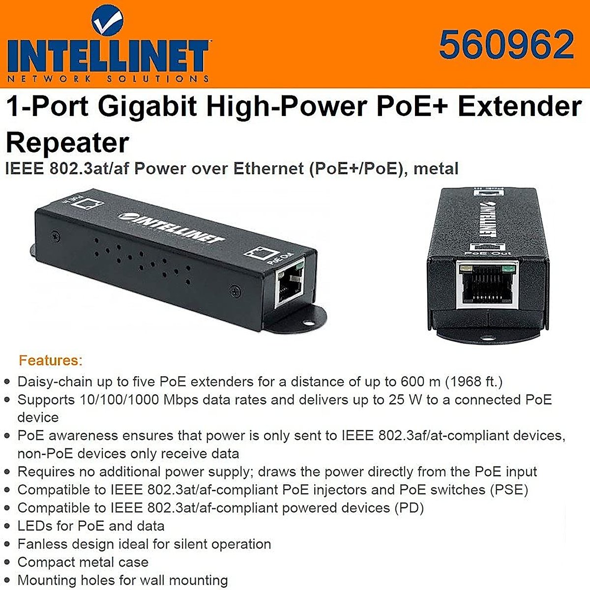 Intellinet Network Solutions 560962 IPE-IND Extender Repeater IEEE 802.3at/af Power Over Ethernet Gigabit High-Power PoE+/PoE