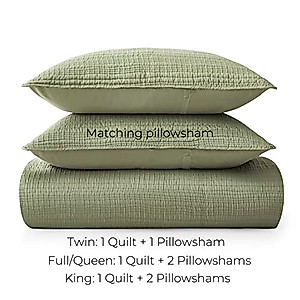 MOONLINE Quilt Set Full/Queen Size Olive Green 3 Piece,Lightweight Soft Microfibre Modern Stripe Pattern Reversible Quilted Bedspread&Coverlet Set for All Season (Includes 1 Quilt and 2 Pillow Shams)