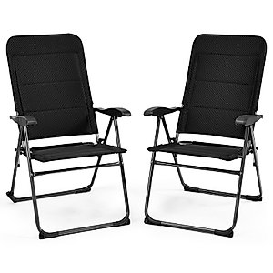 Tangkula Patio Chairs Set of 2, Folding Patio Dining Chairs with 7 Adjustable Backrest Positions, Outdoor Padded Lawn Chairs for Patio Garden Poolside Yard Beach, Support 300 lbs (2, Black)