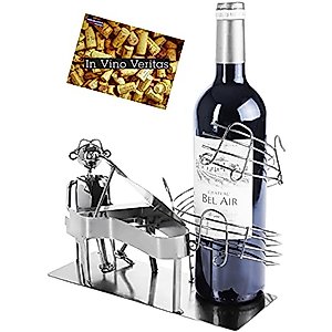 BRUBAKER Wine Bottle Holder 'Piano' - Table Top Metal Sculpture - with Greeting Card