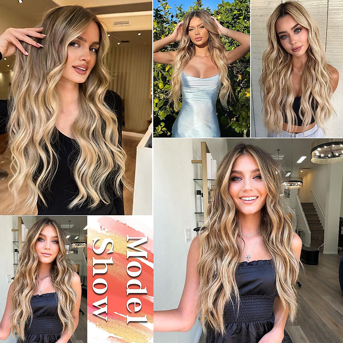 AISI QUEENS Long Blonde Wigs for Women Ombre Blonde Wavy Synthetic Curly Hair Wigs Natural Looking Middle Part Heat Resistant Fibre for Daily Party Use 24 Inch
