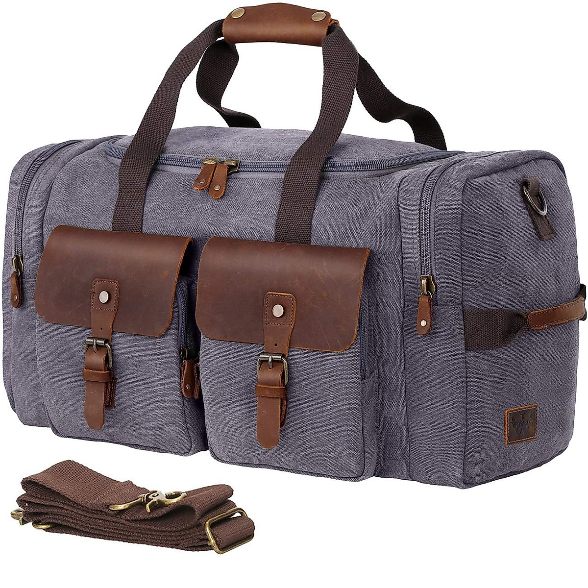 WOWBOX Duffle Bag Weekender Duffel Bag for Men and Women Genuine Leather Canvas Travel Overnight Carry on Bag with Shoes Compartment Grey