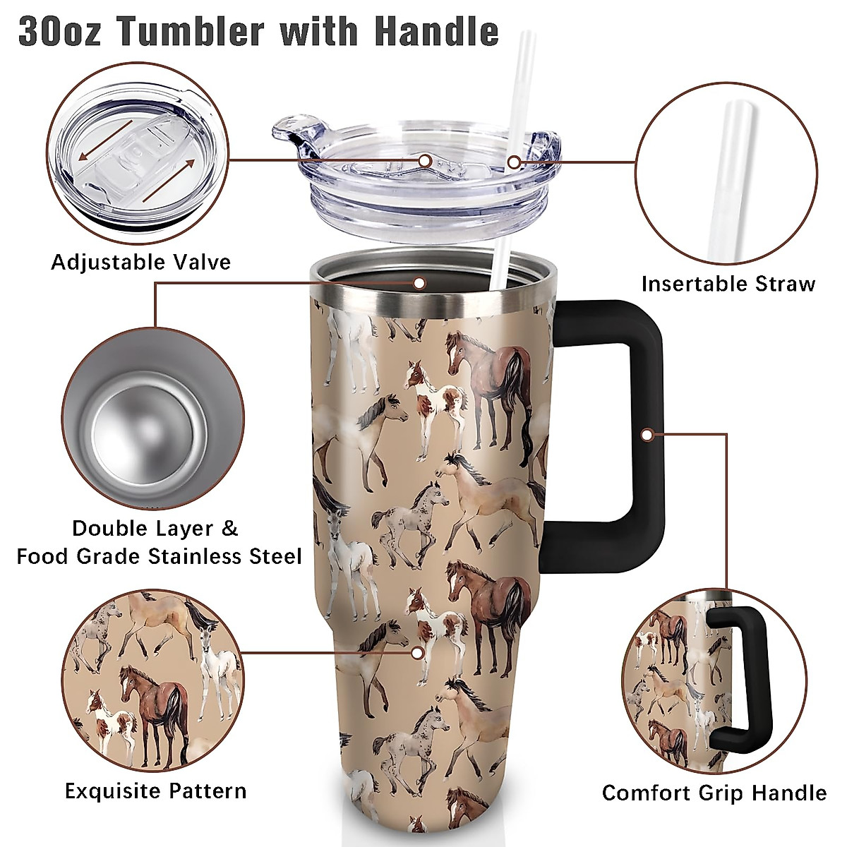 puhnhsv 30 oz Horse Tumbler With Handle and Straw, 30oz Insulated Stainless Horse Tumbler Coffee Travel Mugs Cup Water Bottle Horse Lovers Gifts for Women Girls