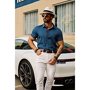 PJ PAUL JONES Men's Business Dress Shirts Short Sleeve Muscle Fit Casual Activewear Button-Down Dress Shirts Dark Blue S