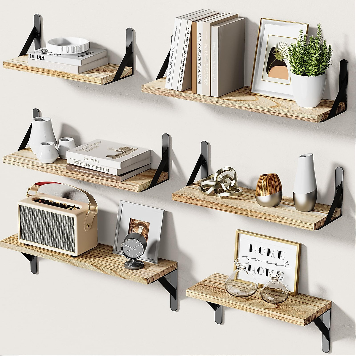 AMADA HOMEFURNISHING Wall Shelves Set of 6, Wood Floating Shelves for Wall Decor, Rustic Farmhouse Wall Shelves for Bedroom, Bathroom Shelves for Wall Storage, Book Shelves for Living Room, Wooden