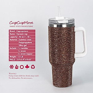 Cupcupmore 40oz Copper Bling Rhinestone Stainless Steel Sippy Tumbler Glitter Vacuum Insulated Water Bottle with Straw & Lid &Handle,Thermos for Hot & Cold Drinks,Car Cup Holder,Coffee