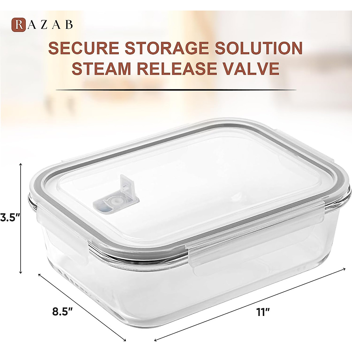 Razab 2700 ml / 92 Oz Large Glass Food Storage Containers with Vented Lids, BPA Free, Snap Locking Airtight & Leakproof Lids - Ideal for Baking, Casserole & Roasting - Freezer, Microwave & Oven Safe