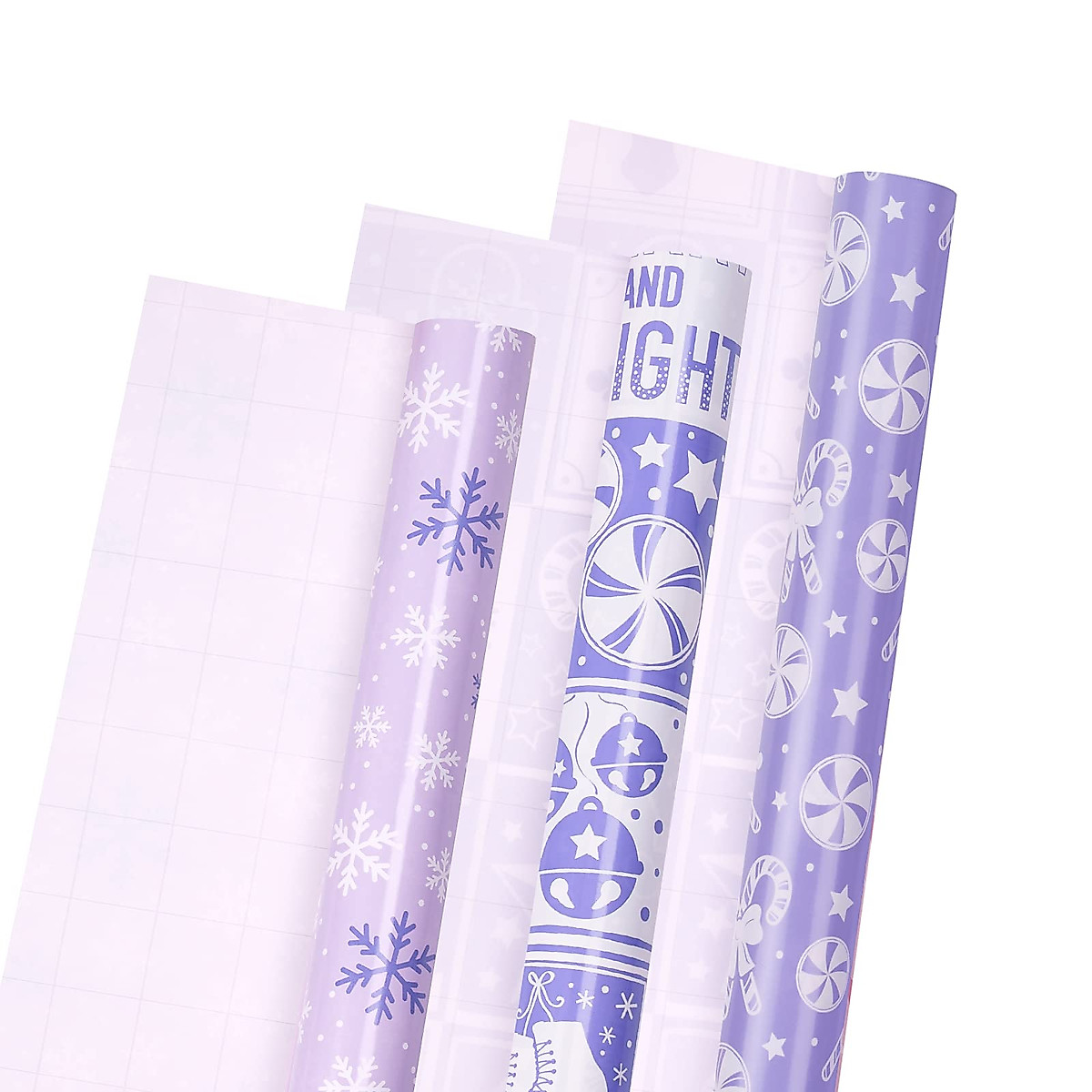 LeZakaa Christmas Wrapping Paper Mini Roll - Bell & Tree/Candy Canes/Snowflakes Design in Light Purple for Gift Wrap, Arts Crafts - 17 x 120 inches - 3 Rolls (42.5 sq.ft.ttl.)