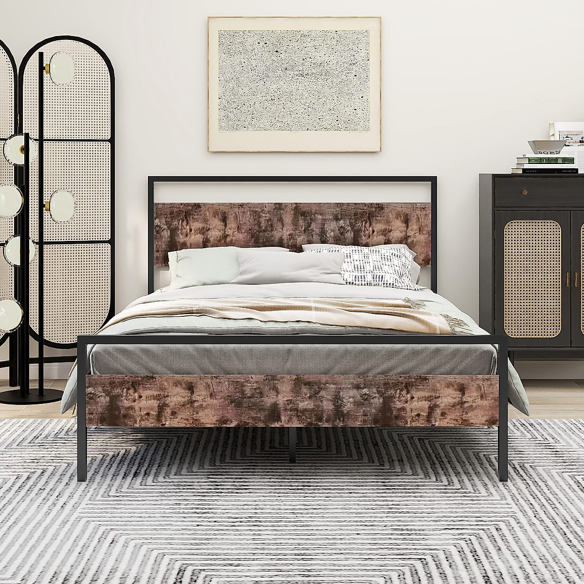 alazyhome Modern Industrial Queen Size Bed Frame Metal Platform with Rustic Wooden Headboard and Footboard, No Box Spring Needed, Noise Free, Easy Assembly Black