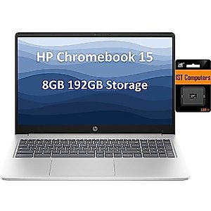 HP Chromebook 15 (15.6'' HD 2023 Intel Processor N200 (Beat i3-10110U), DDR5 8GB RAM, 192GB Storage (64GB eMMc + 128GB SD Card), Webcam, Numeric Keyboard), IST Card, Chrome OS, Silver