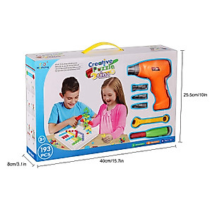 Haifeng Creative Mosaic Drill Set for Kids, STEM Toys for 3+ Year Old, Electric Drill Toy with DIY Screwdriver Tool,3D Construction Toys for Boy & Girl, Building Blocks for Toddler Preschool