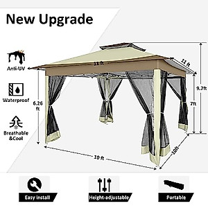 HOTEEL Gazebos 12x12 Gazebo with Mosquito Netting Pop Up Gazebo Base 10x10 Patio Gazebo Canopy with Mosquito Net Screened Gazebo with Vented Top,Storage Bag and 4 Weights for Backyard(Khaki)