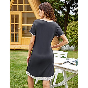 HOTOUCH Sleepwear Sexy Short Sleeve Womens Nightgown Modal Sleep Shirt Scoop Neck Lace Trim Soft Nightshirt, Grey M