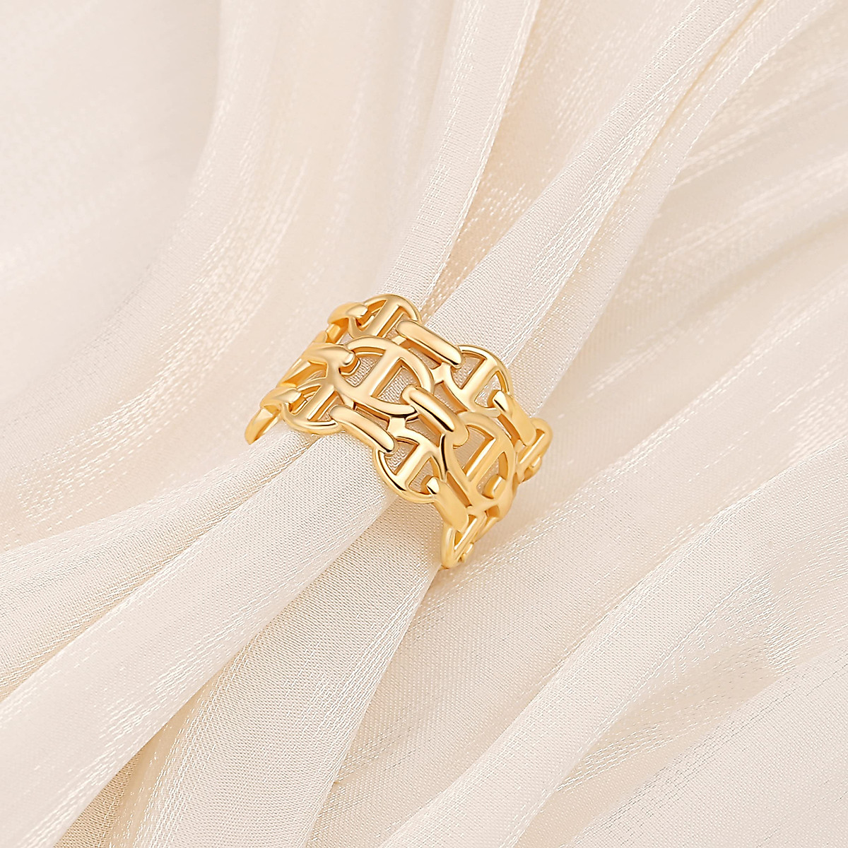 Aobei Pearl 18K Gold 3-Row Chunky Band Ring Mariner Anchor Chain Ring for Women Statement Pig Nose Link Open Rings Adjustable Thumb Knuckle Finger Jewelry for Her