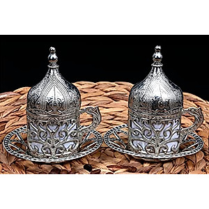 Küchengeräte Turkish Greek Arabic Moroccan Coffee Cup - Set of 2 - Espresso Cup with Inner Porcelain Metal Holder Plate and Lid - 2 Cups Consists of 8 Pcs - Best Gift Idea