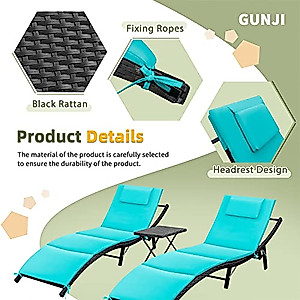 GUNJI Lounge Chairs for Outside 3 Pieces Patio Adjustable Chaise Lounge Outdoor Wicker Lounge Chairs Set of 2 with Table Folding Chaise Lounger for Poolside, Deck, Lawn (Blue)