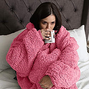 Roore Oversized Sherpa Wearable Blanket Hoodie | Super Soft Warm Reversible Hooded Sweatshirt Thick Plush Giant Pullover Fleece Sweater for Adult Men Women Teens Kids (Pink)