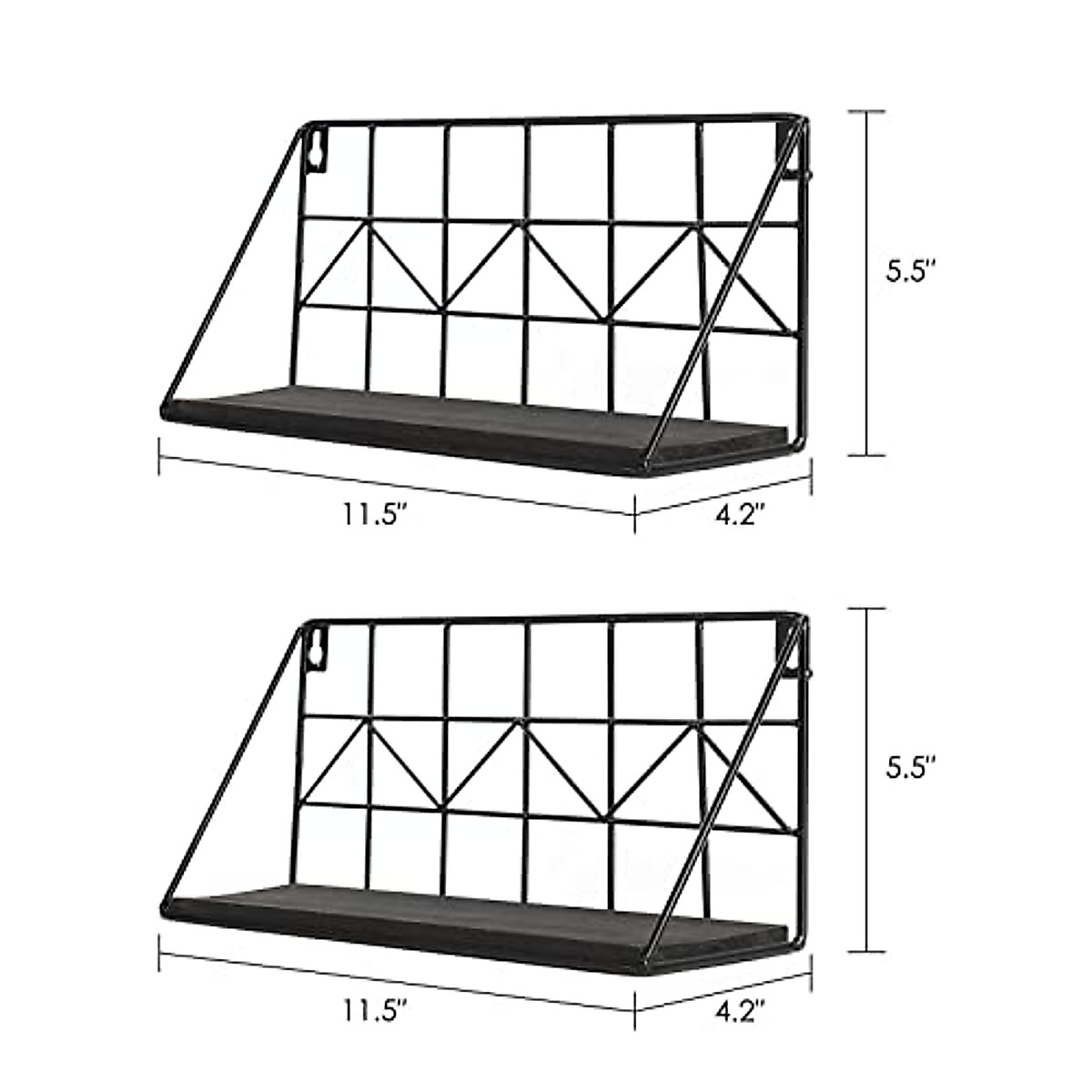 TIMEYARD Floating Shelves Wall Mounted, Set of 2 Black Wire Metal Wood Shelves, Modern Arrow Design Storage Shelf for Photo Frames, Small Plants, Bedroom, Dorm, Living Room, Bathroom, Kitchen, Small