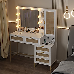 GarveeHome Vanity Mirror with Lights and Table & Power Outlet, Makeup Vanity Table with 12 Bulbs, 5 Drawer & Cabinet, 3 Ligthing Color Vanity Desk with Mirror and Lights, Rattan