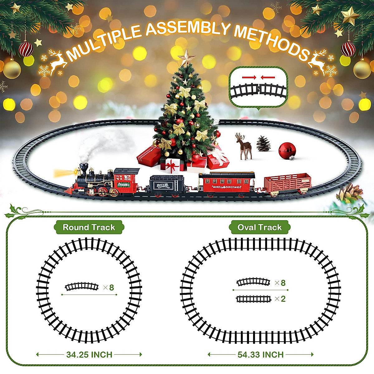 Shemira Christmas Train Set, Train Toys for Boys Girls,Toy Train with Light Smoke and Sound,Steam Train Set for Around Christmas Tree,Christmas Train Toys Gifts for 3 4 5 6 7 8+ Year Old Kids