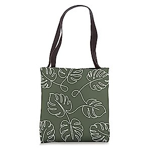 Line Art Monstera Leaf Botanical Tropical Plant Olive Green Tote Bag