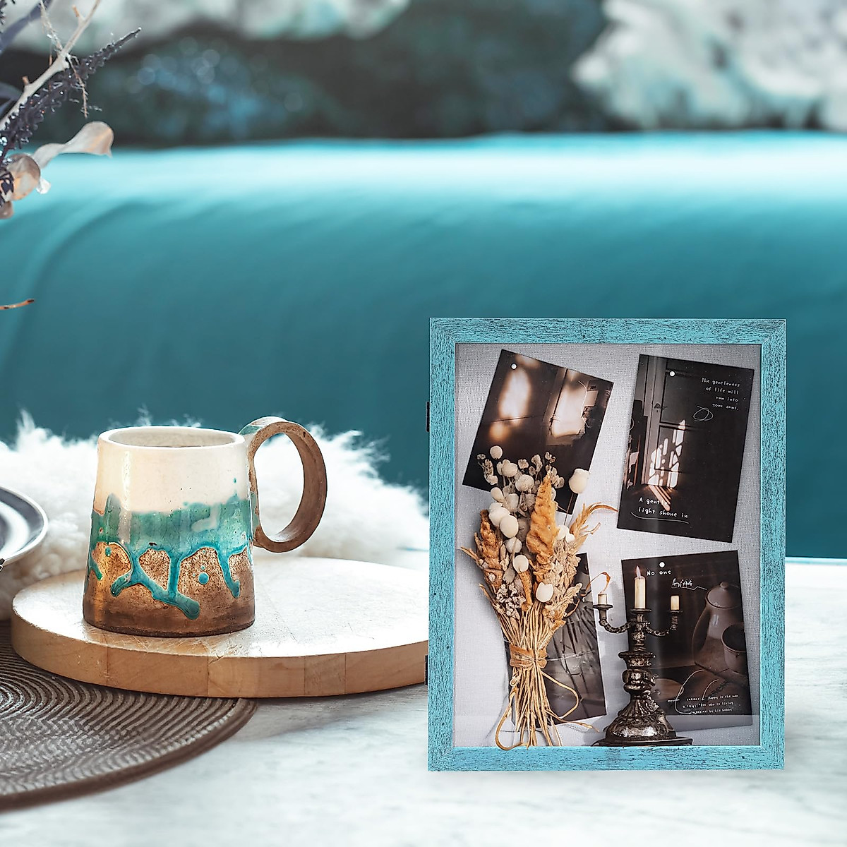 Muzilife 11x14 Shadow Box Picture Frame - 2.16" Interior Deep Wood & Glass Rectangle Display Case Ready to Hang Memory Box Baby Sports Memorabilia, Pins, Awards, Tickets, and Photos, Rustic Blue