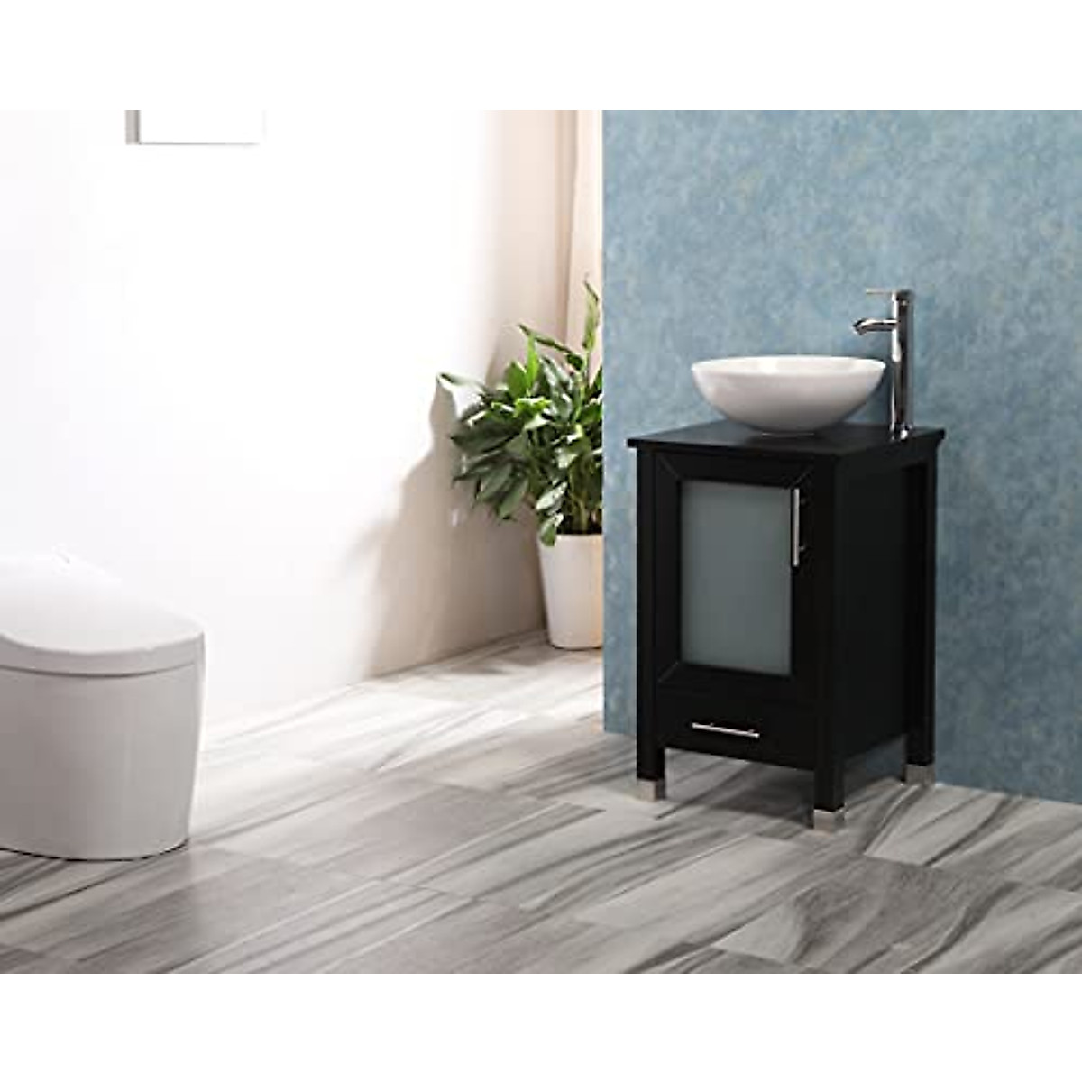 QIERAO 20" Bathroom Vanity with Sink Combo Stand Cabinet and White Ceramic Vessel Sink and Stainless Steel Faucet, Black